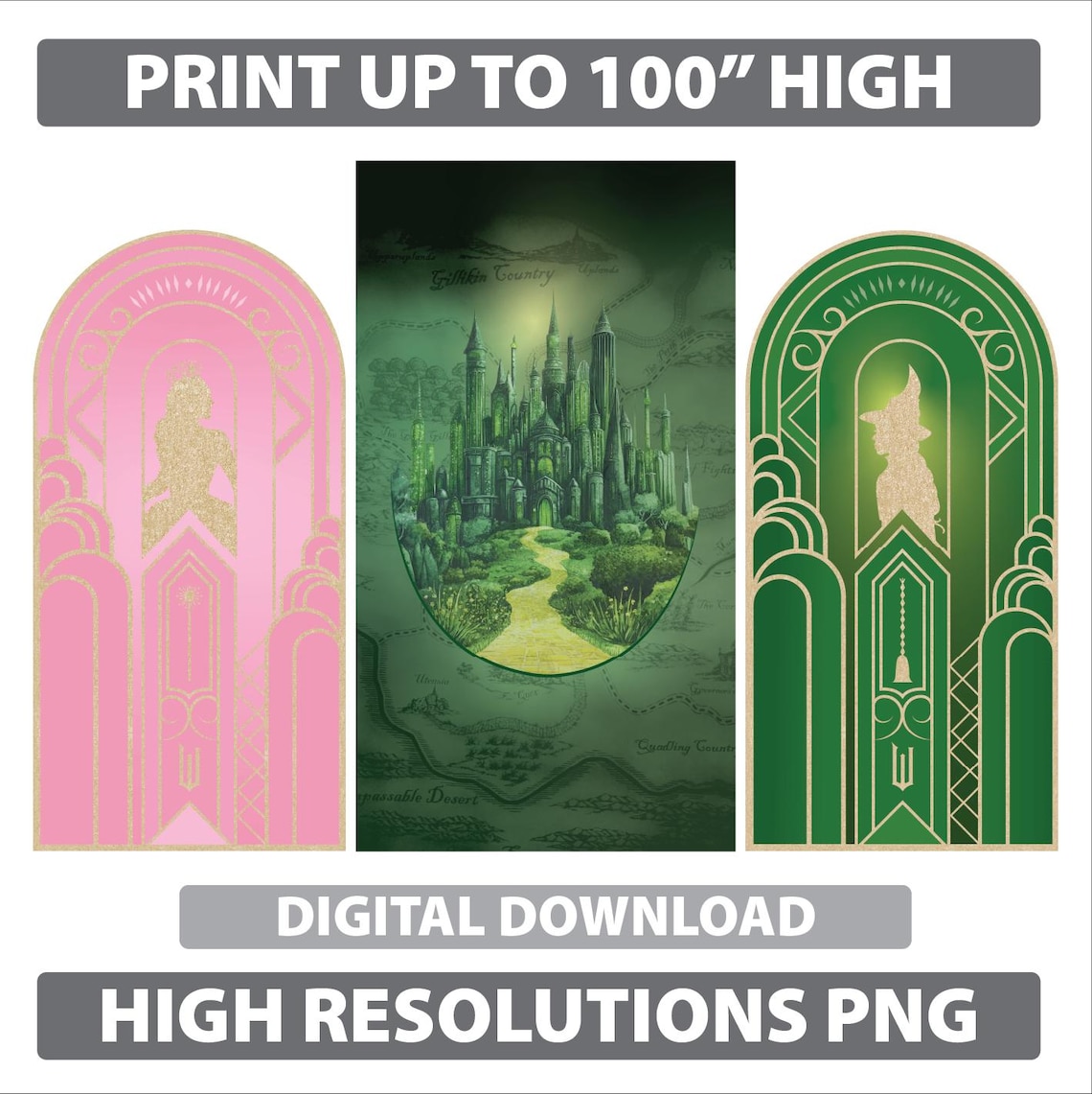 Wicked Inspired Backdrop Clipart | Glinda, Elphaba, Emerald City (PNG ...