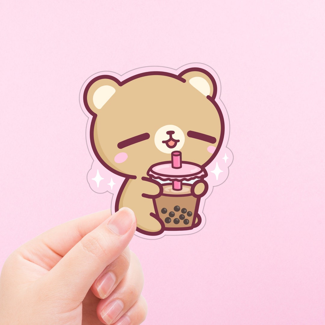 Mr. Bear Holding Boba Milk Tea Sticker - Kawaii, Easy Peel, Bubble Tea ...