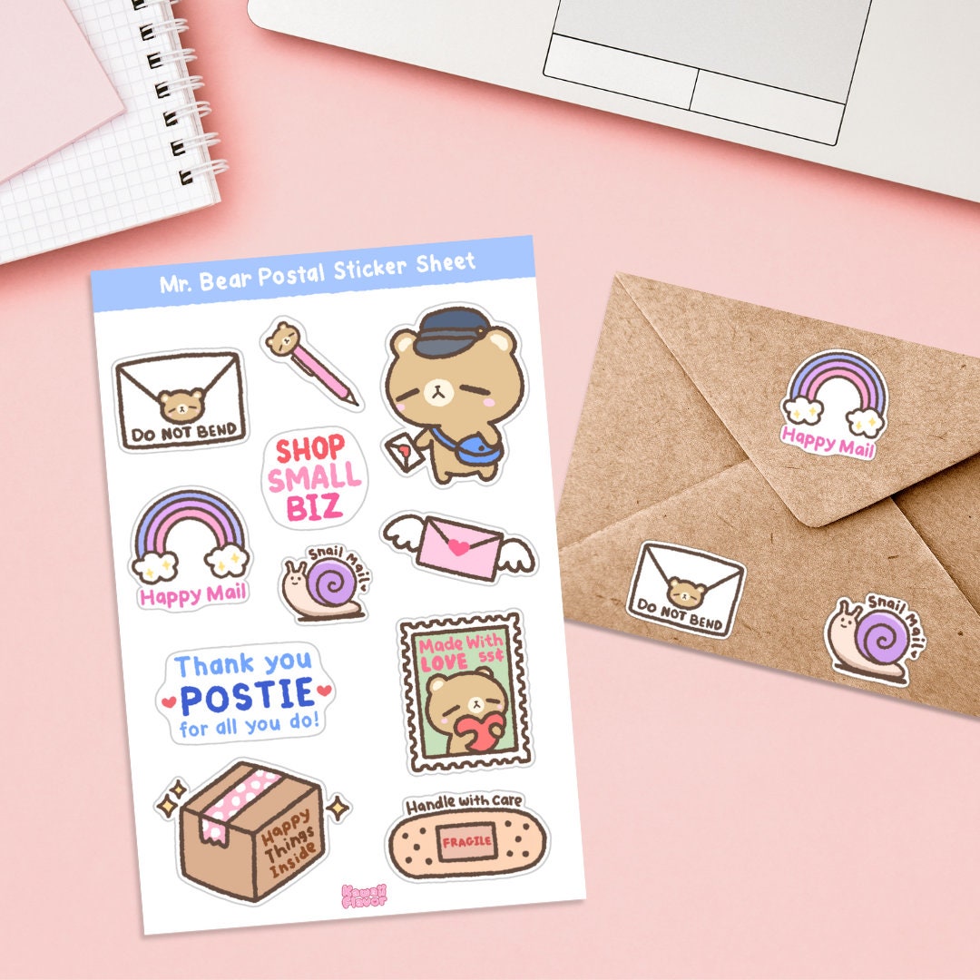 Mr. Bear Postal Service Sticker Sheet Matte 4x6 Inch Kawaii, Post ...
