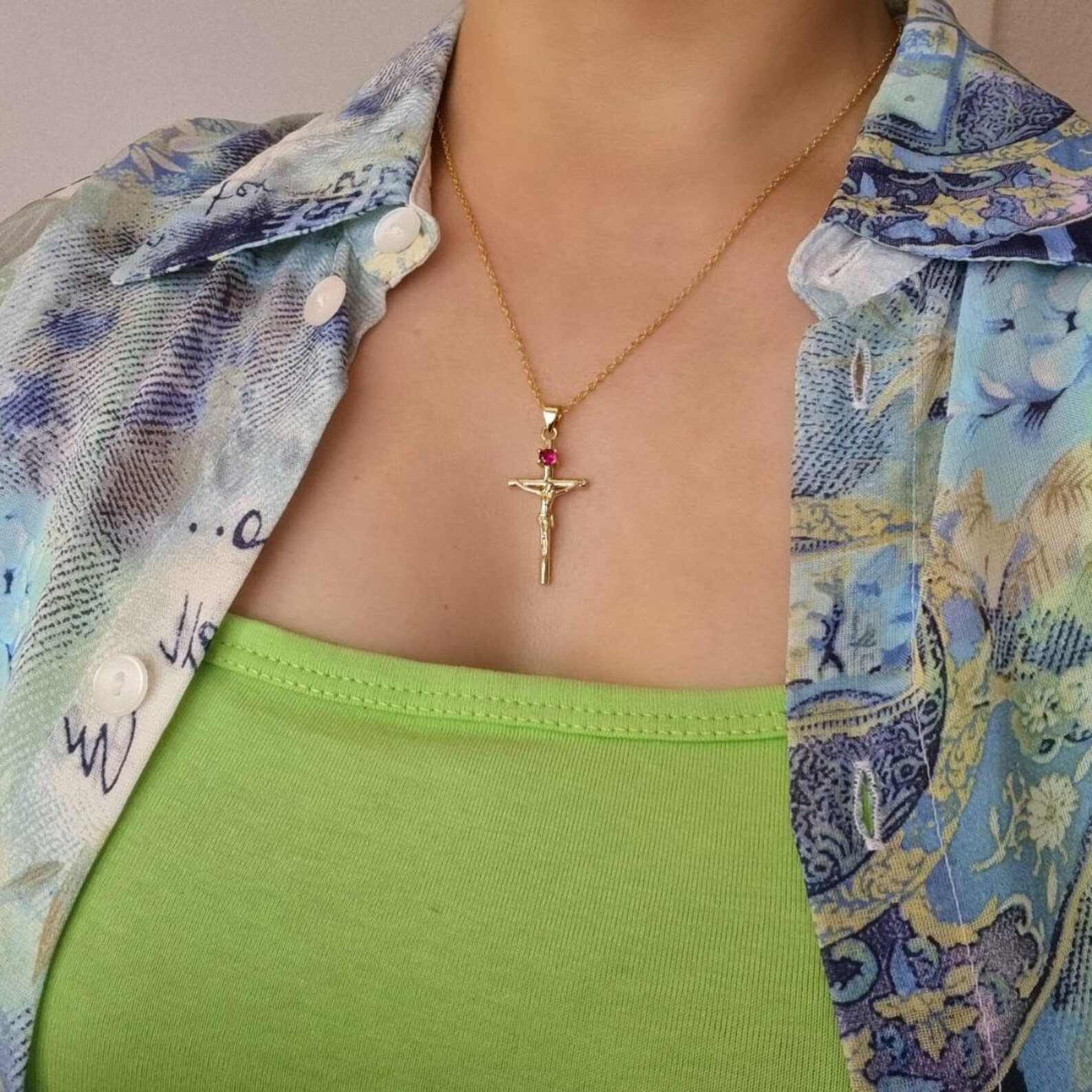 Pretty 18k Gold Plated Crucifix Necklace With Pink Cubic Zirconia ...