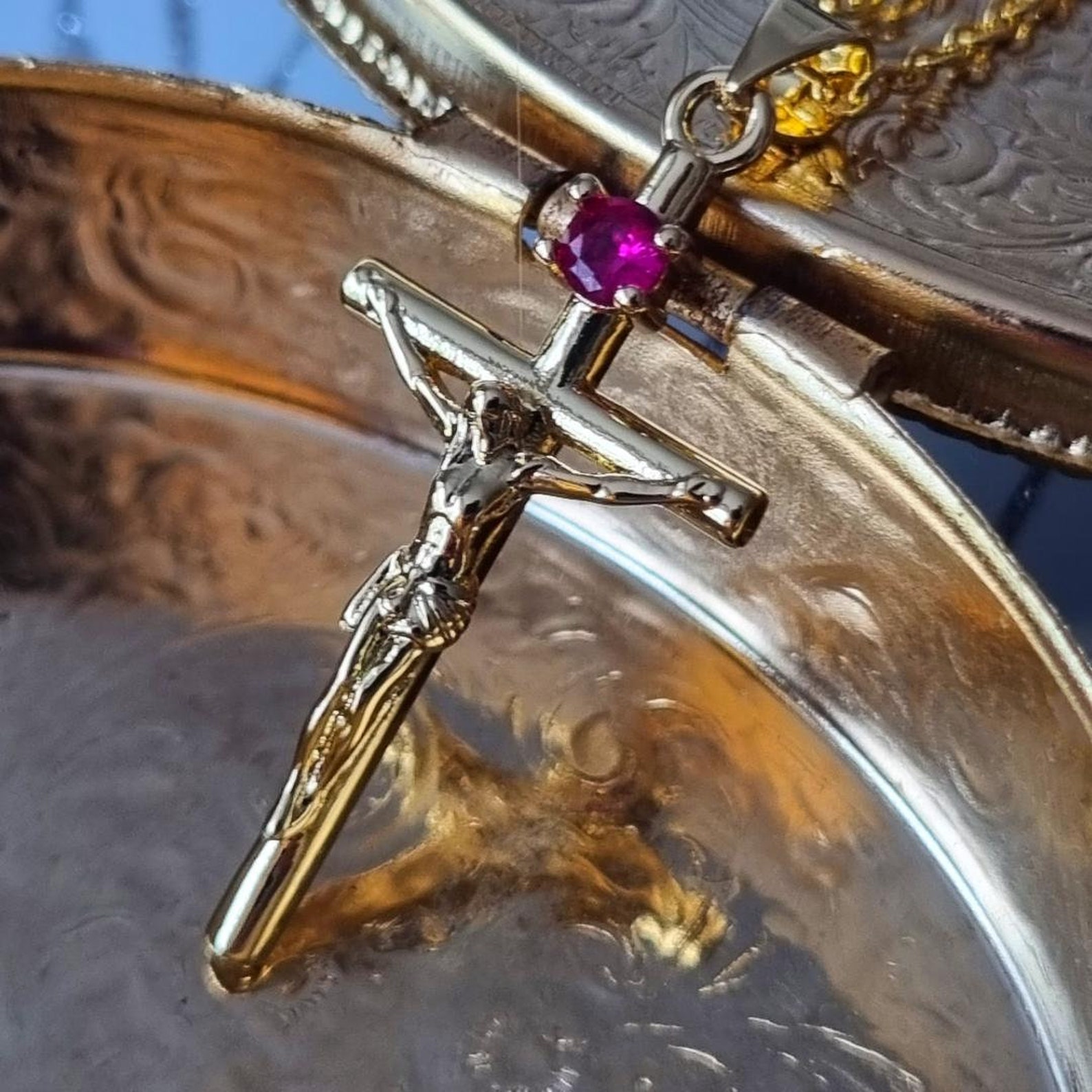 Pretty 18k Gold Plated Crucifix Necklace With Pink Cubic Zirconia ...