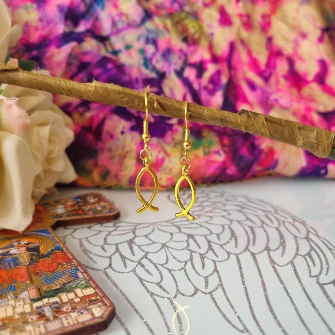 Gold Ichthys Earrings - Hypoallergenic Gold Hook Earrings - Christian ...