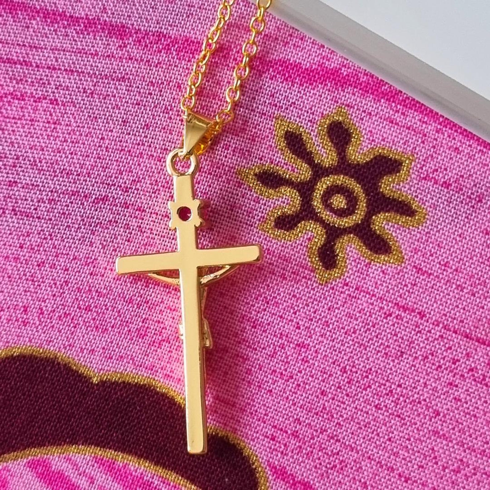 Pretty 18k Gold Plated Crucifix Necklace With Pink Cubic Zirconia ...