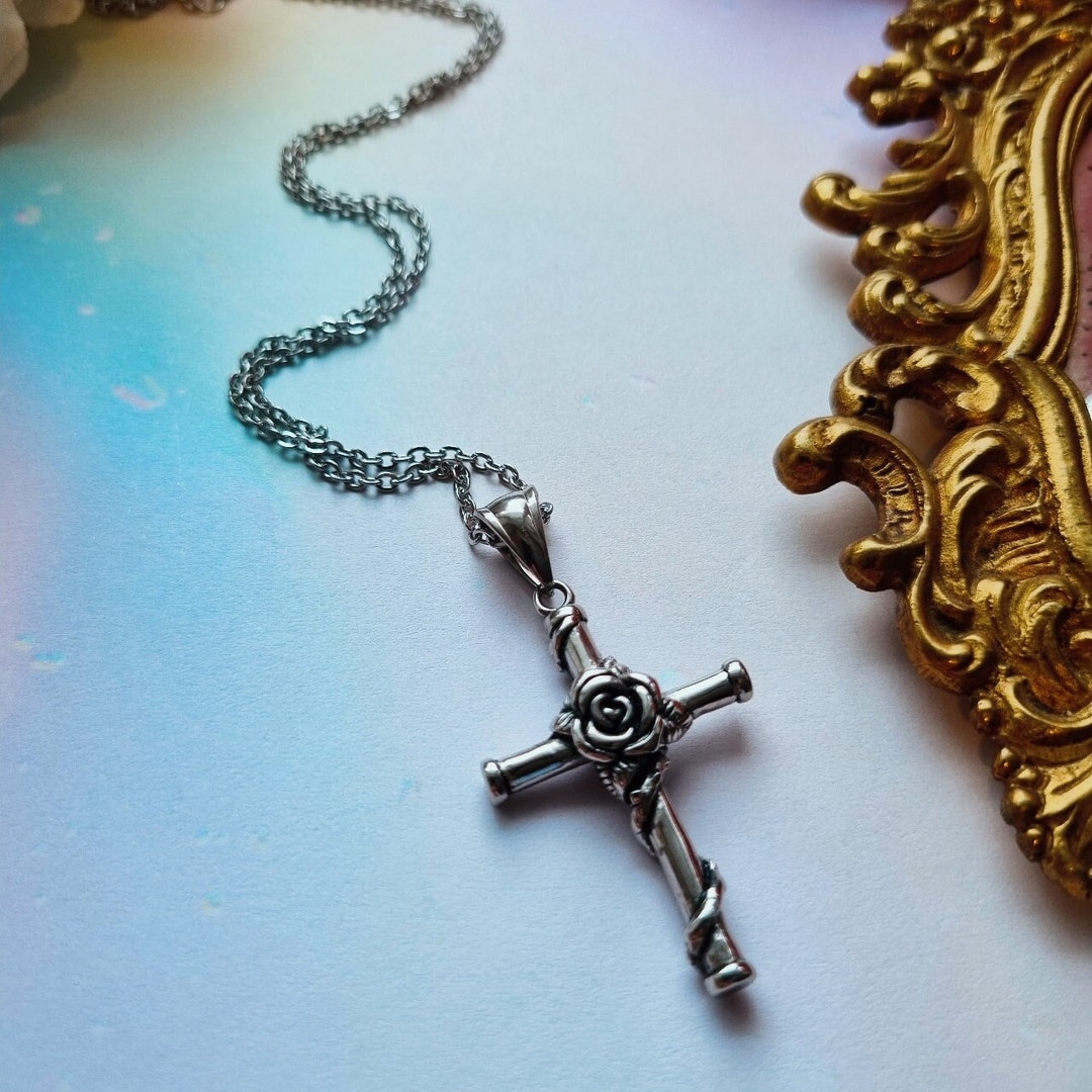 Gothic Crucifix Necklace - Gothic Cross Necklace - Rose Cross Necklace ...