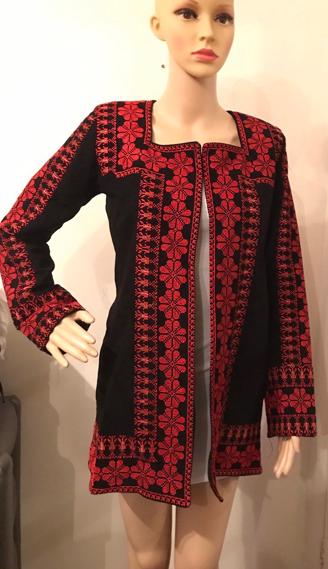 Beautiful Black Jacket / Coat With Red Palestinian Cross Stitch ...