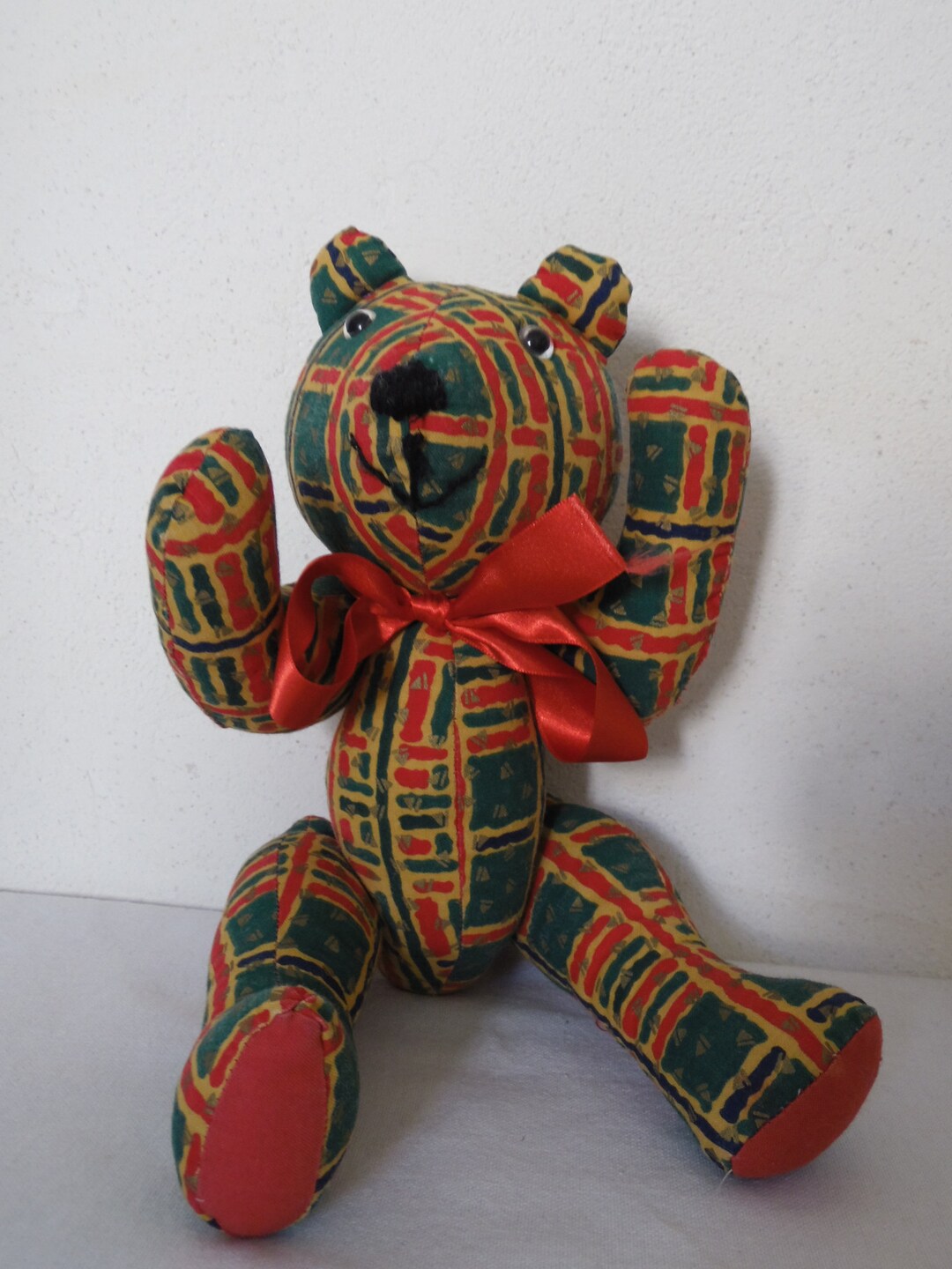 Vintage Fabric Bear, Vintage Teddy Bear, Green and Red Bear Red Satin ...