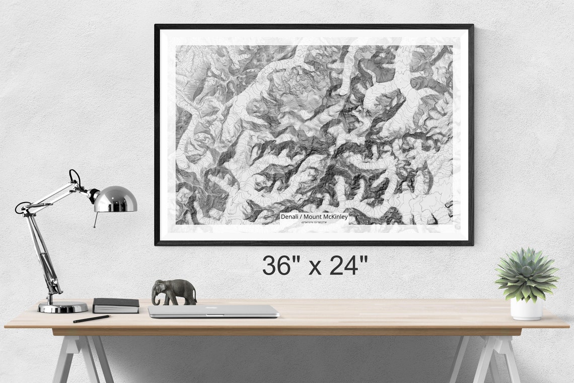 Denali mount Mckinley Grayscale Topographic Map Denali - Etsy UK