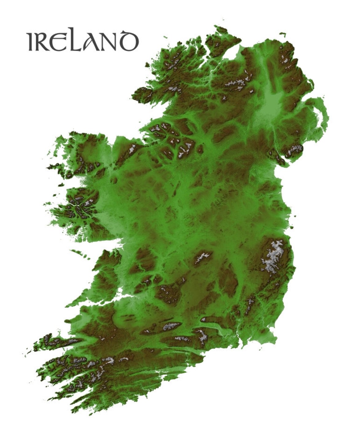Ireland Map, Ireland Emerald Terrain Map, Ireland Topographic Map, Map ...