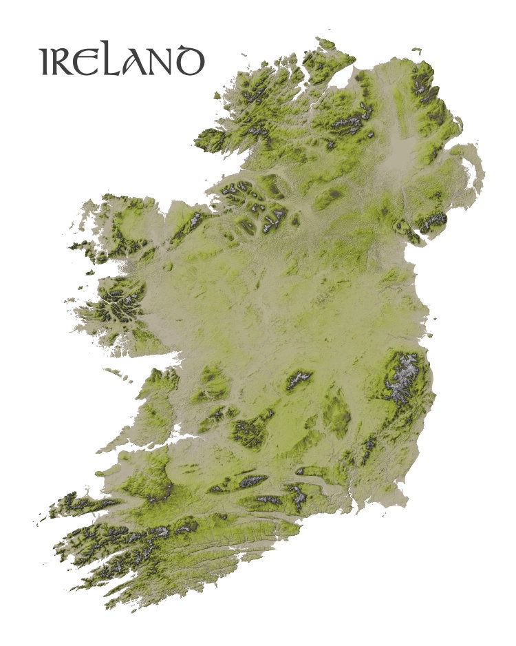 Ireland Map, Ireland Peridot Terrain Map, Ireland Topographic Map, Map ...