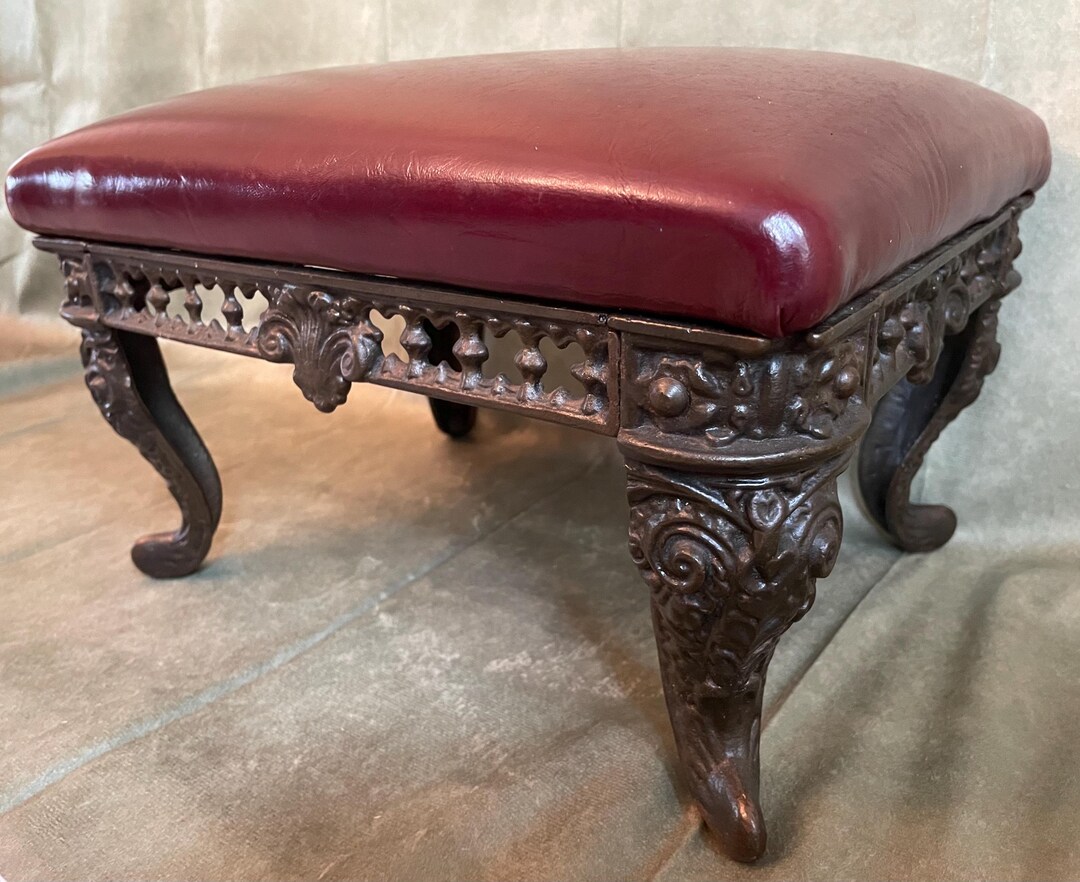 Antique Iron Foot Stool With Deep Red Cover - Etsy