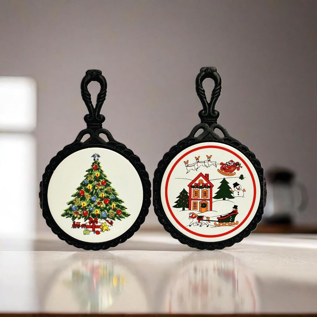 Vintage Christmas Wall Plaques: Cast Iron Framed Ceramic Holiday Decor ...