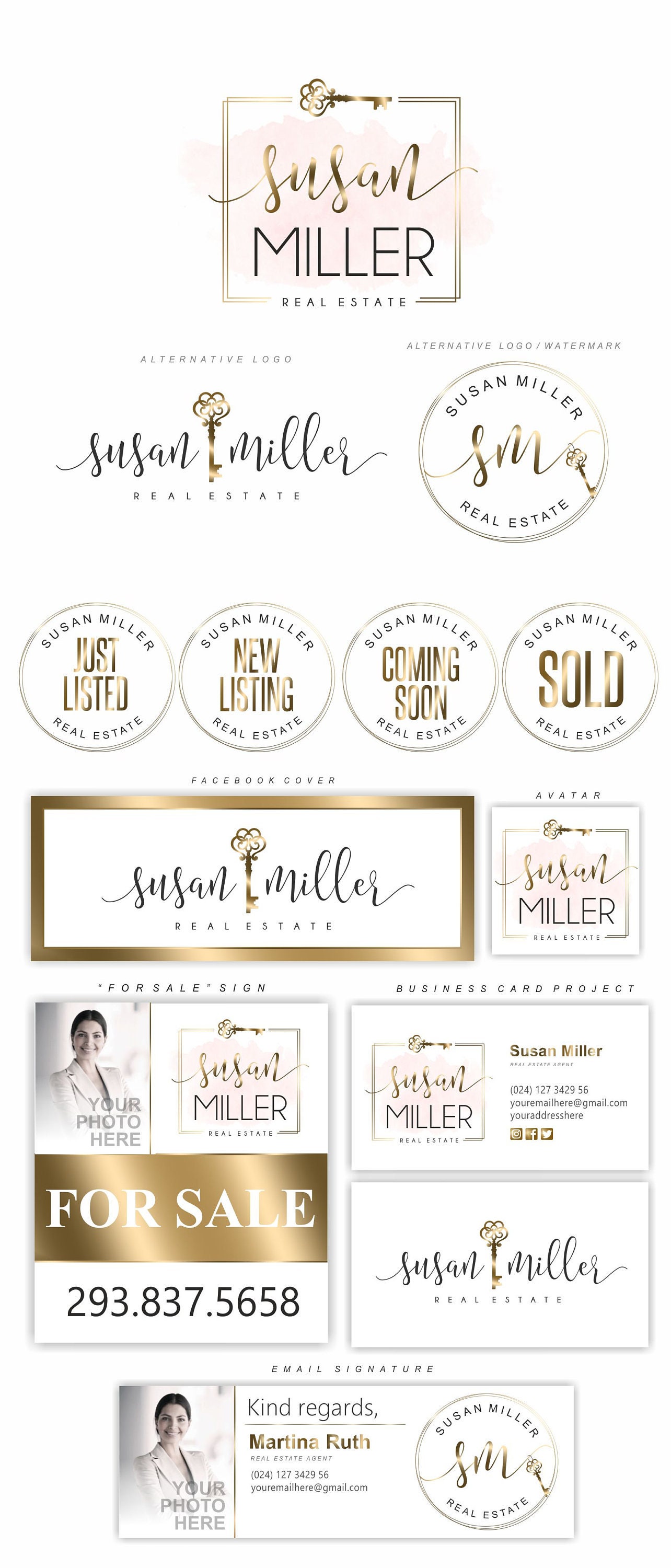 Paper Stationery Real Estate branding package Realtor Logo Gold Key Key ...