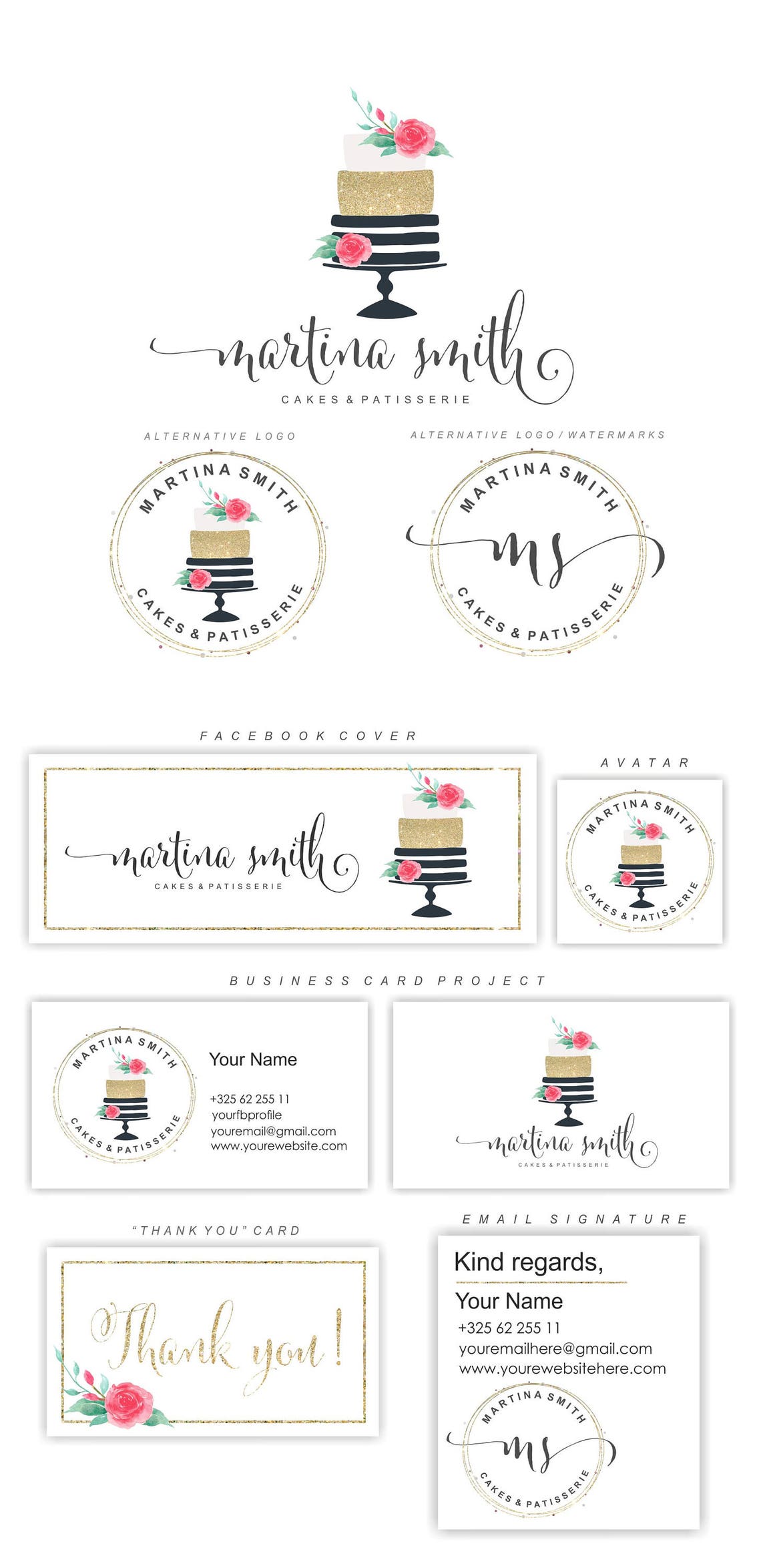 Cake Logo Design Logo Set Floral Watercolor Cake Cake - Etsy
