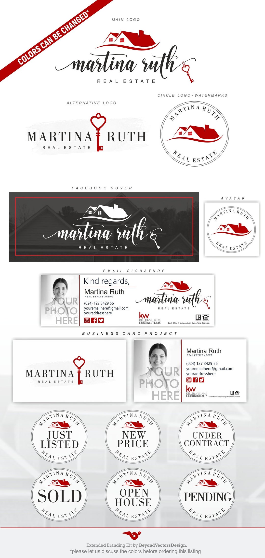 Red Realtor Logo Design, Real Estate Branding Set, Key Initials Logo ...