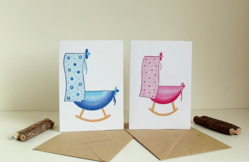 Birth Card Blue Crib A6 Double Card with Envelope Blank Greeting Card ...
