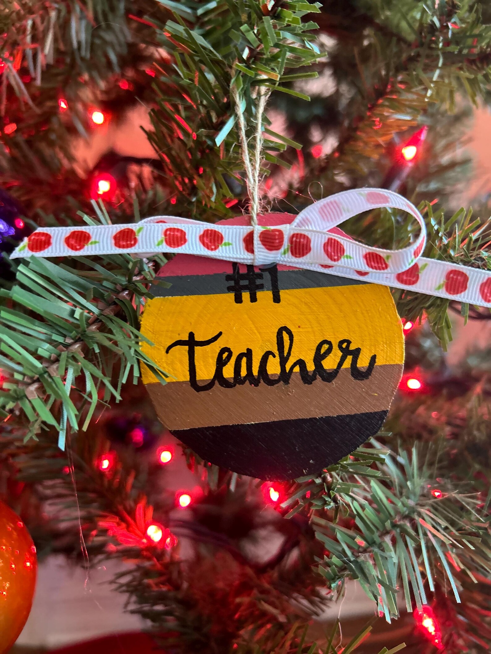 Number 1 Teacher Ornament, Holiday Gift for Educators, Pencil Painted ...