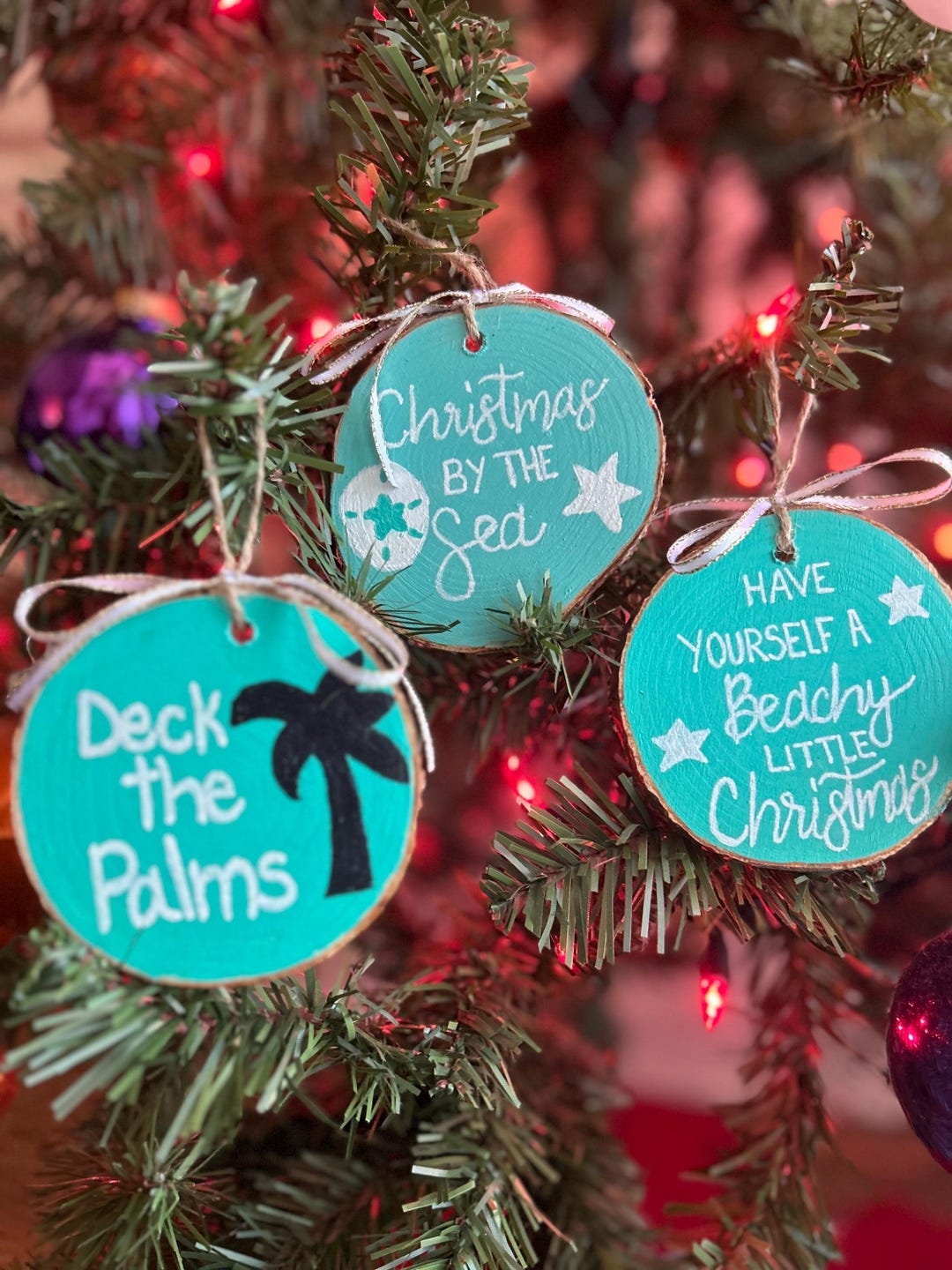 Beach Themed Christmas Ornament Set, Wood Slice Acylic Ornaments, Beach ...