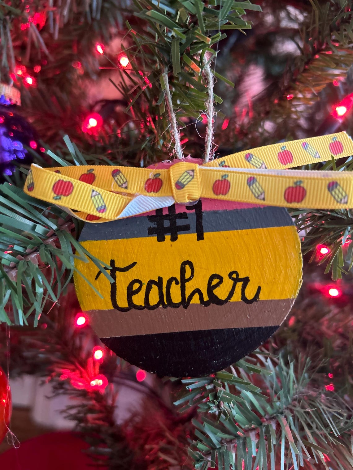 Number 1 Teacher Ornament, Holiday Gift for Educators, Pencil Painted ...