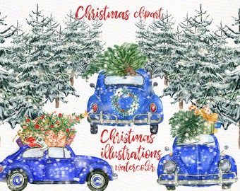 Watercolor Christmas Cars clipart: CHRISTMAS | Etsy