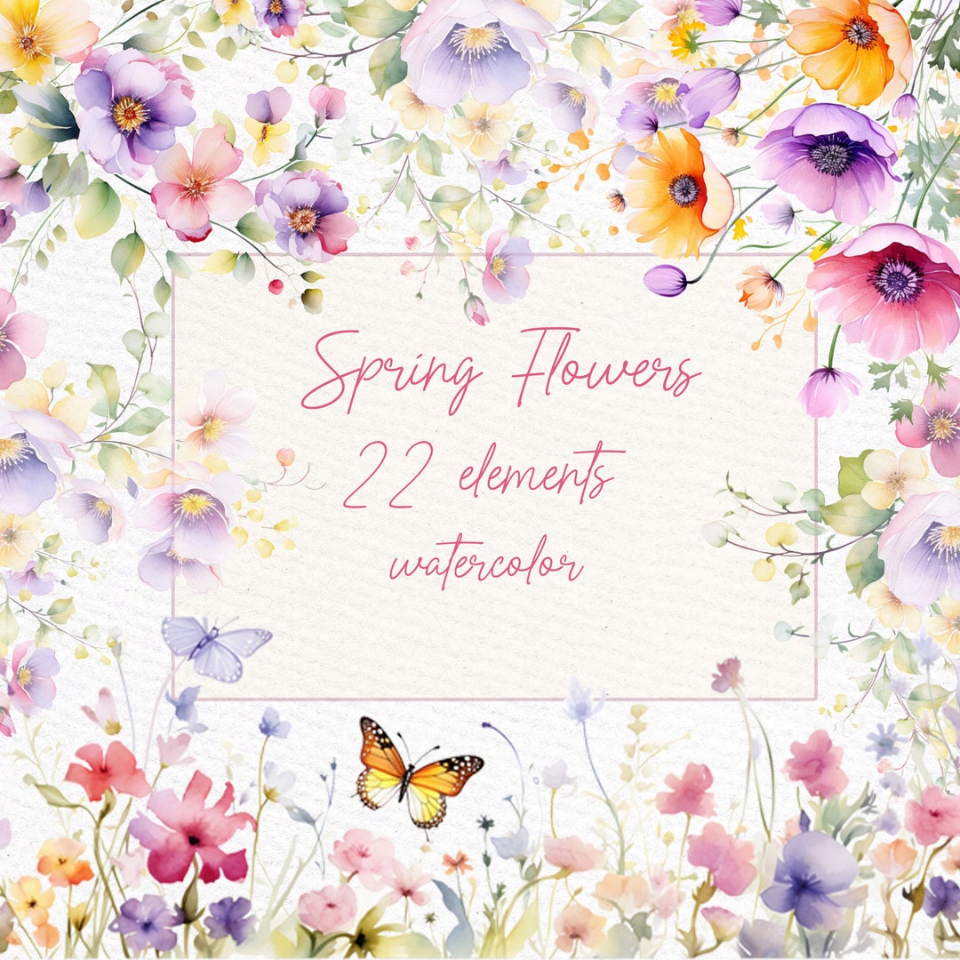 Watercolor Spring Flowers Clipart: Wildflower PNG Set (22 Elements ...