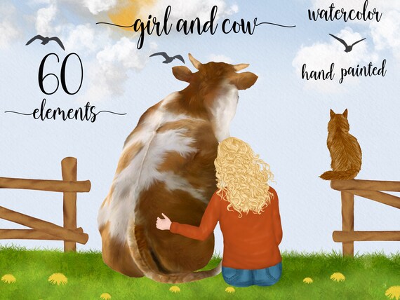 Girl With Cow Clipart: cow Clipart Cow Sitting | Etsy