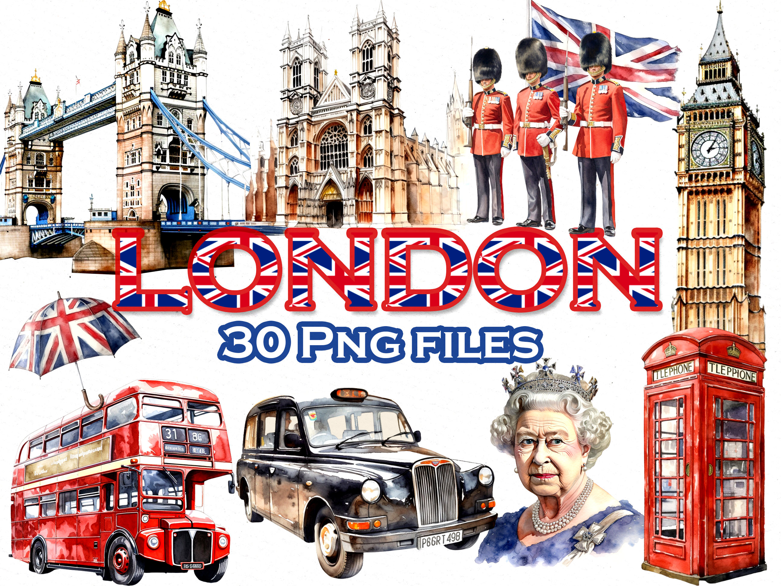 London Clipart Set: Britain Illustrations, Travel PNG Files (300 Dpi ...