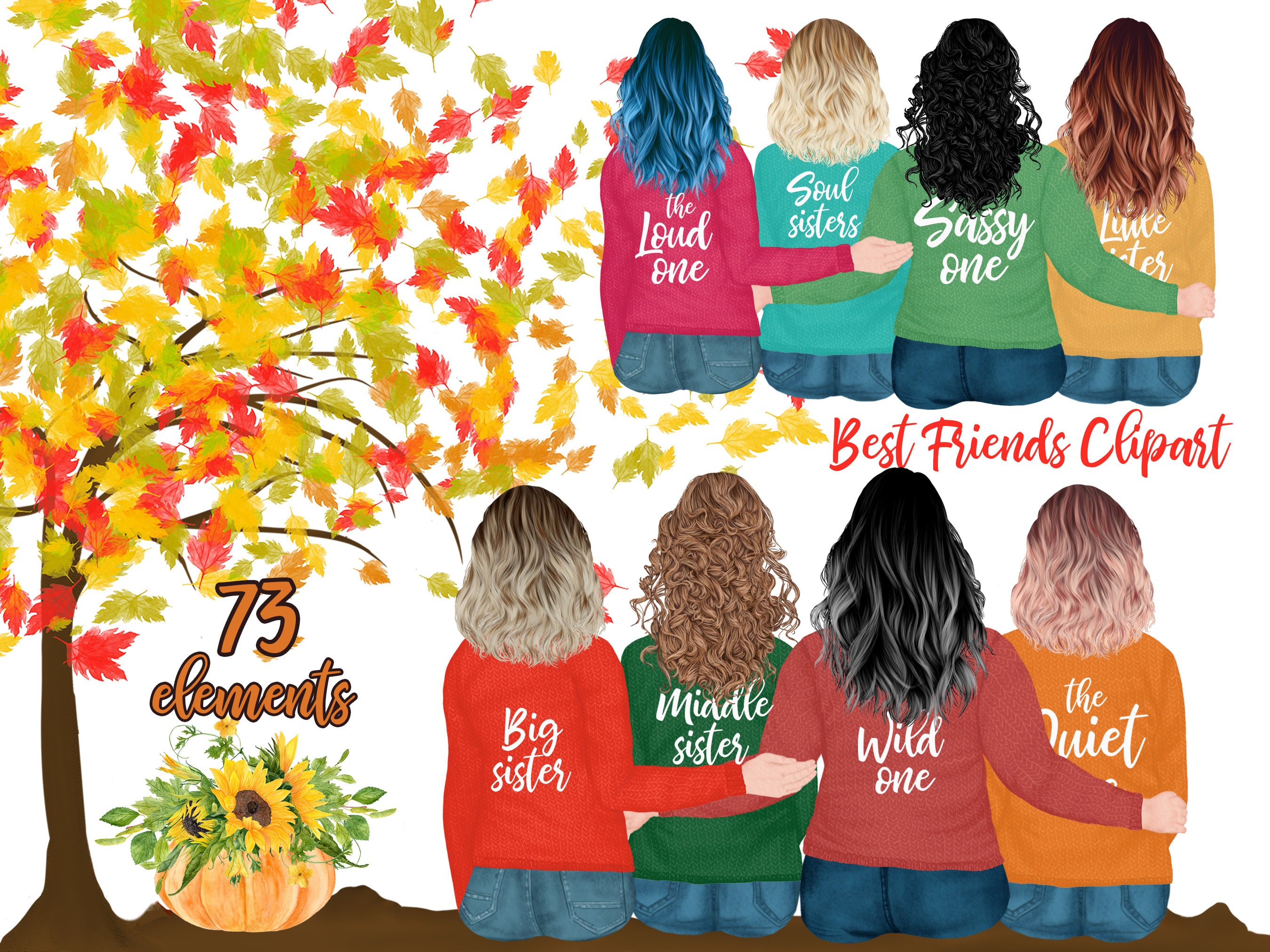 Autumn Best Friends Clipart: girls SITTING Clipart - Etsy