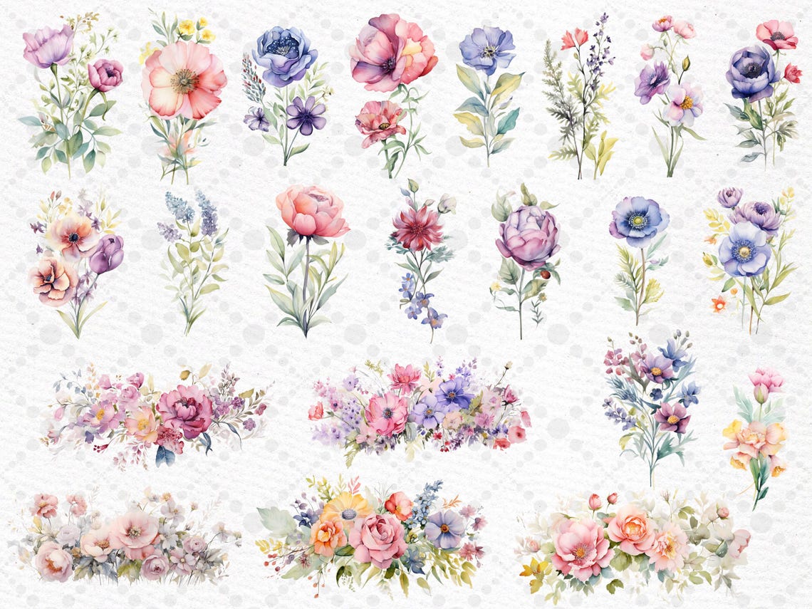 Watercolor Purple Flowers Clipart: Floral Borders, Wildflower PNG (22 ...