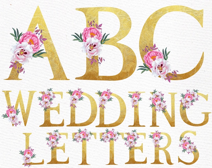 Gold Floral Alphabet Letters Clipart: Wedding Invitation PNG (digital ...