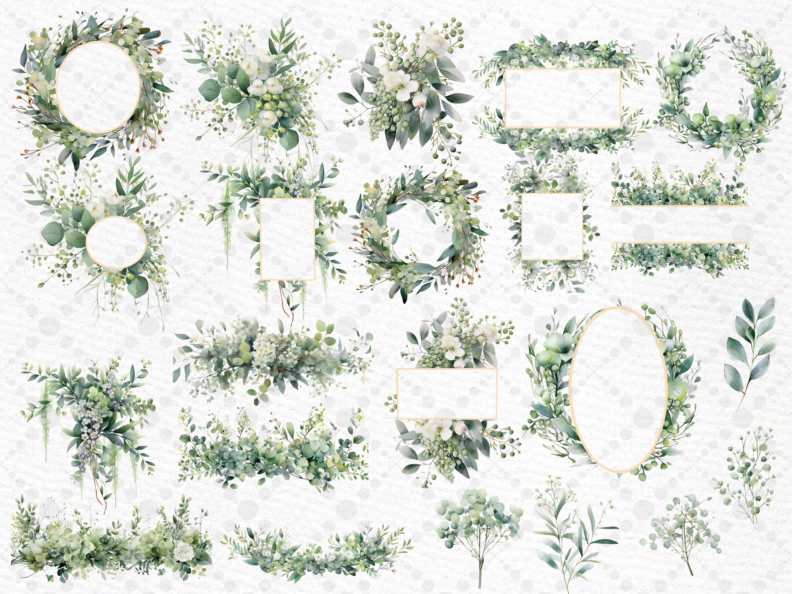 Watercolor Eucalyptus Clipart: Greenery Frames, Borders, Wreaths (PNG ...