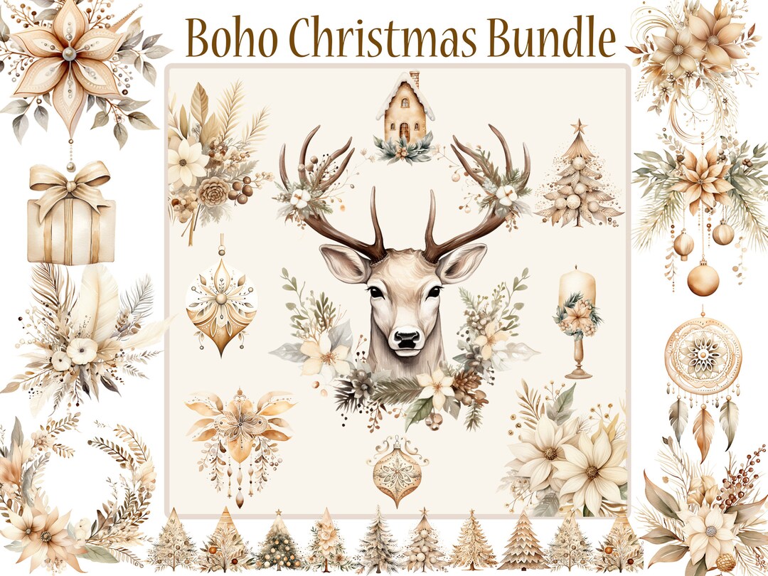 Boho Christmas Clipart Bundle: "cozy CHRISTMAS Clipart" Ornaments ...