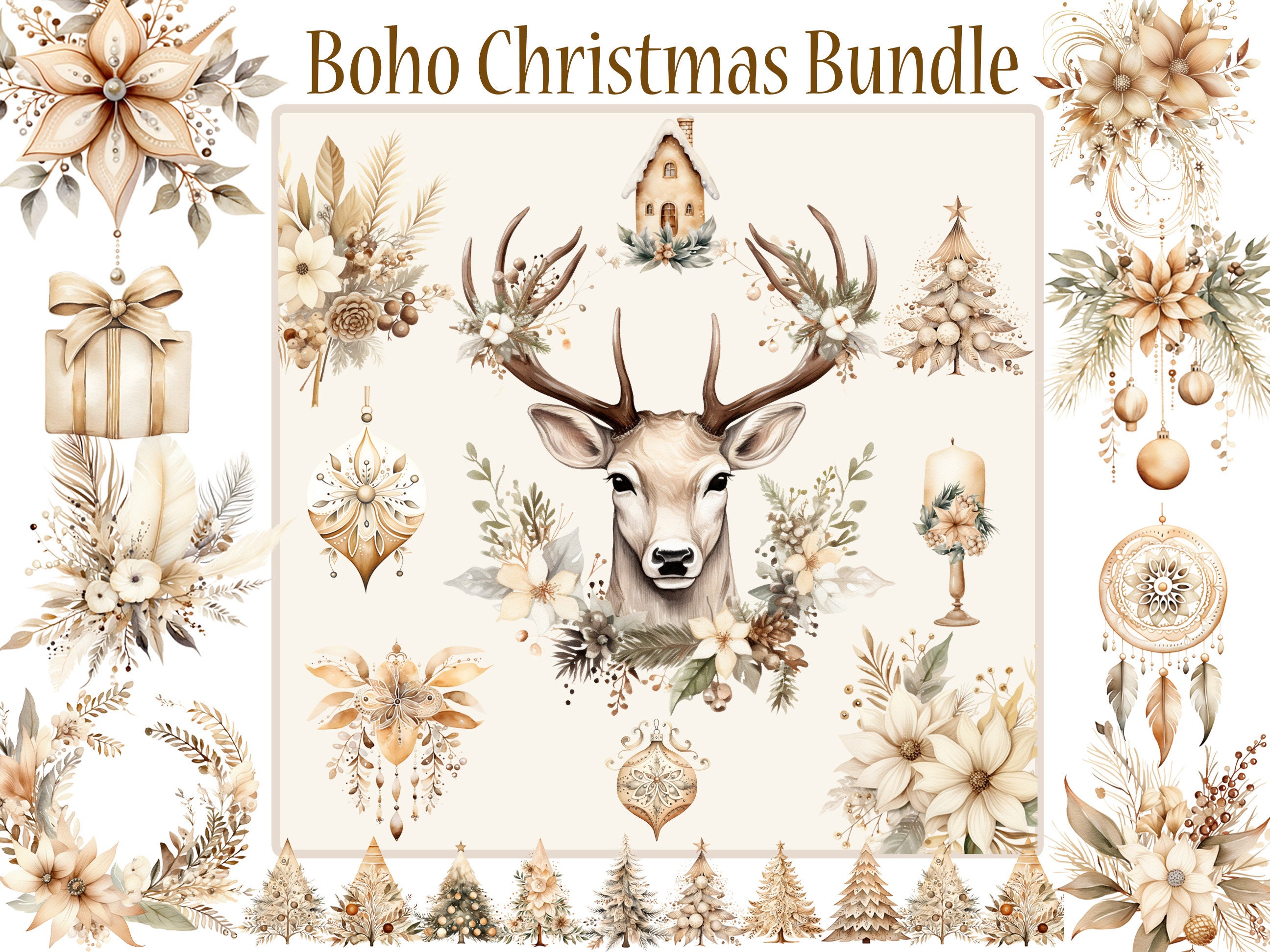 Boho Christmas Clipart Bundle: Watercolor Ornaments, Wreaths (PNG Files ...