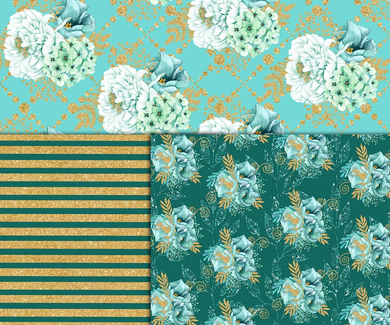 Gold Mint Digital Papers: floral DIGITAL Paper | Etsy