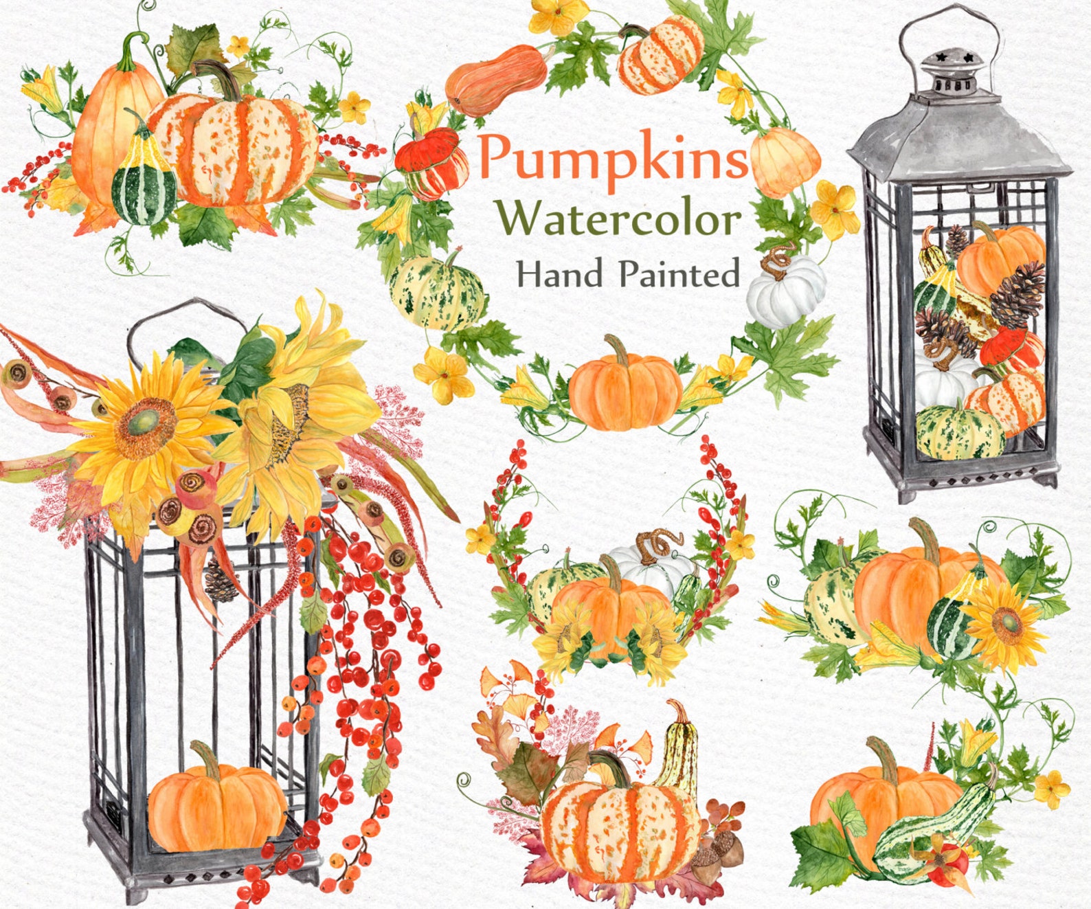 Watercolor Pumpkin Clipart: harvest Clipart Autumn | Etsy