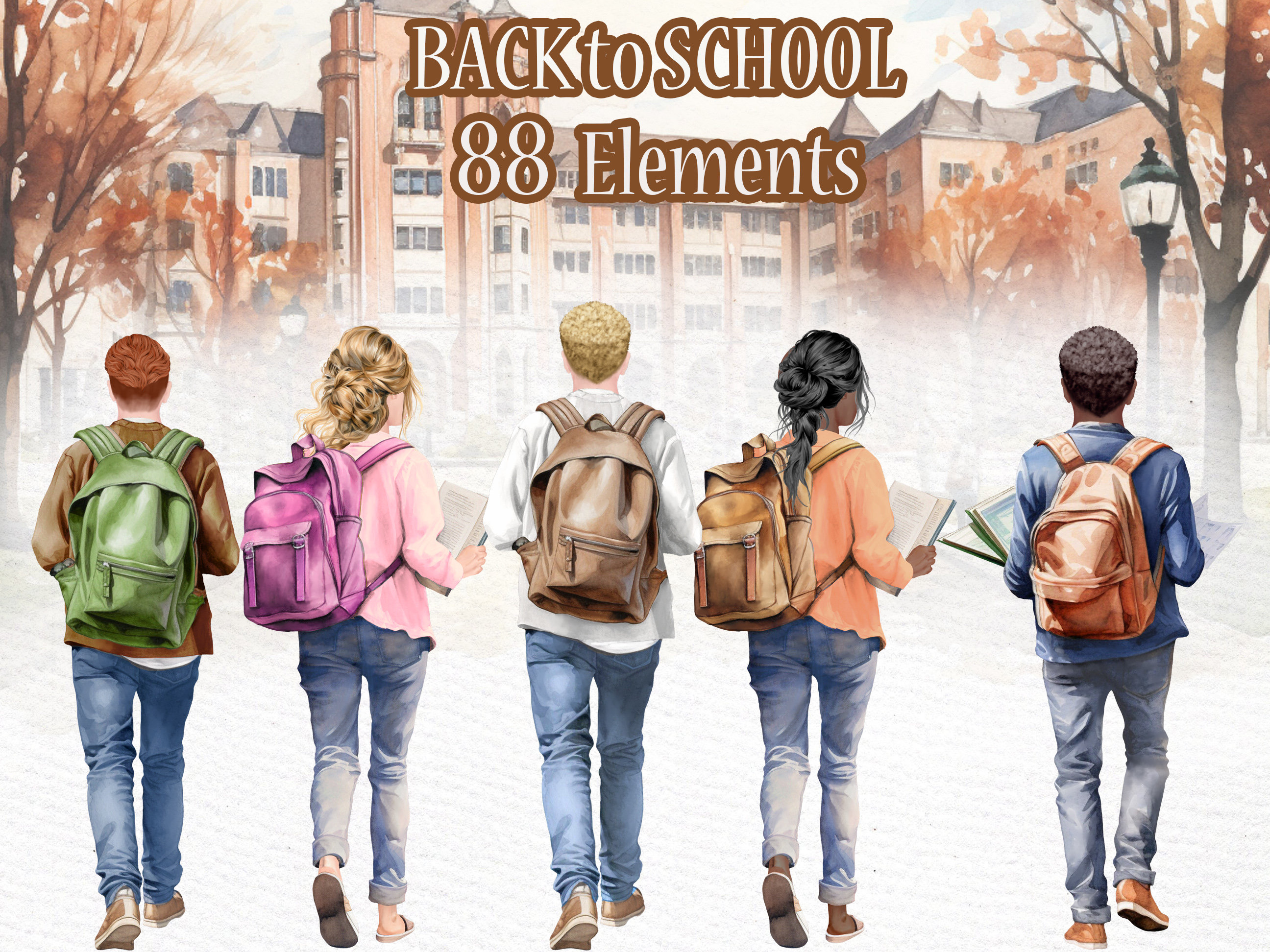 College Students Watercolor Clipart: Back to School Campus PNG (88 ...