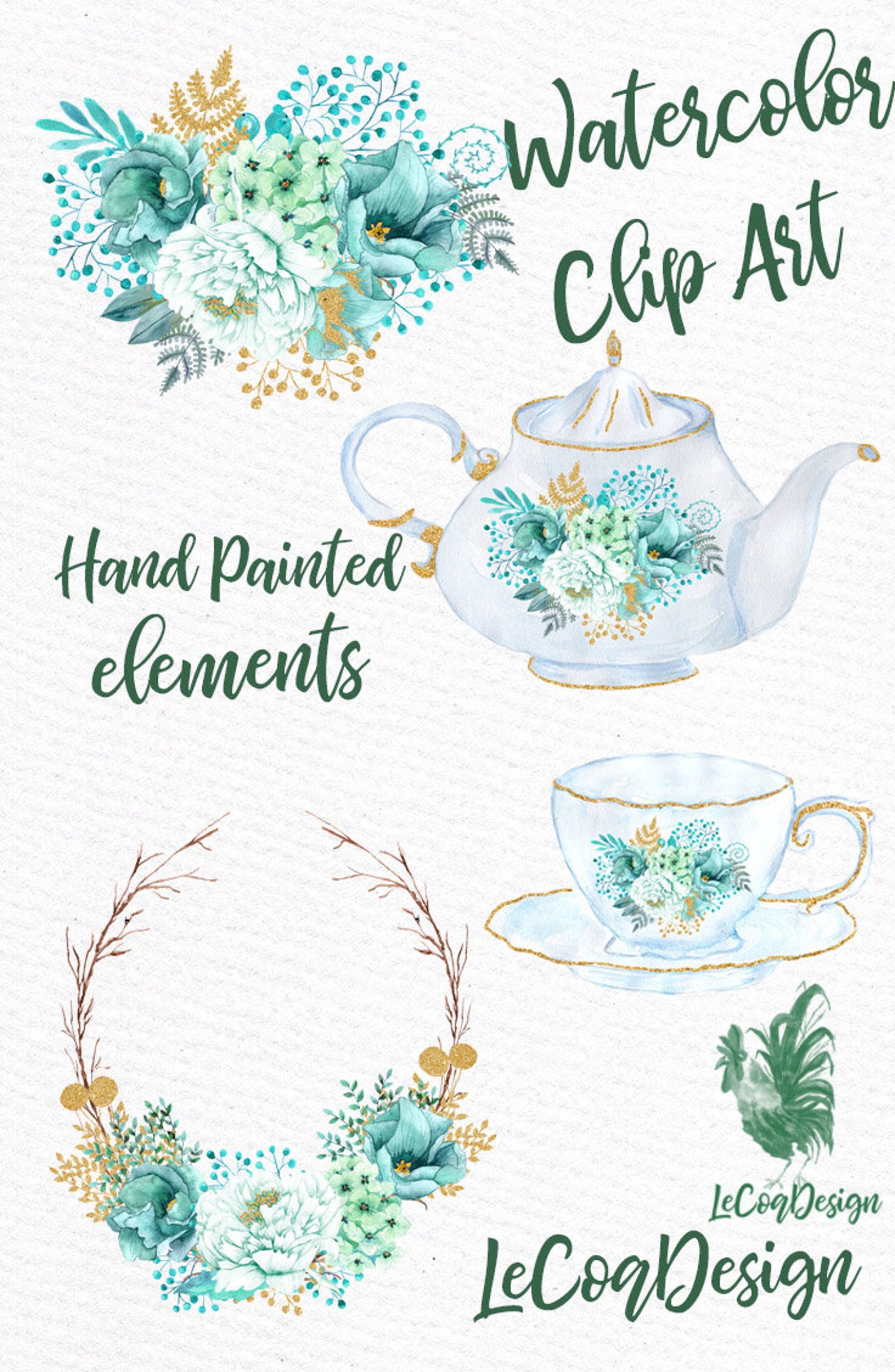 Mint Watercolor Clipart: "watercolor Flowers" Wedding Clipart Floral ...