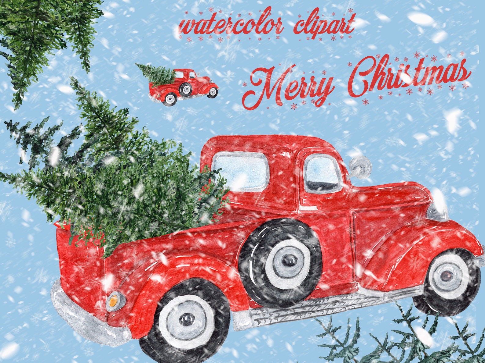 Watercolor Christmas Clipart: christmas Truck Red | Etsy