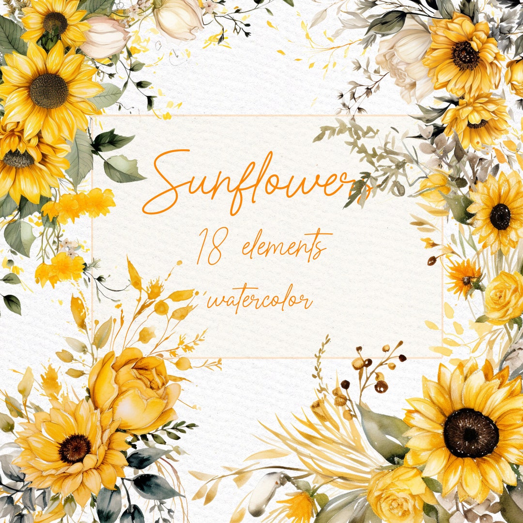 Watercolor Sunflowers Clipart: Bouquets & Frames (PNG Digital Download ...
