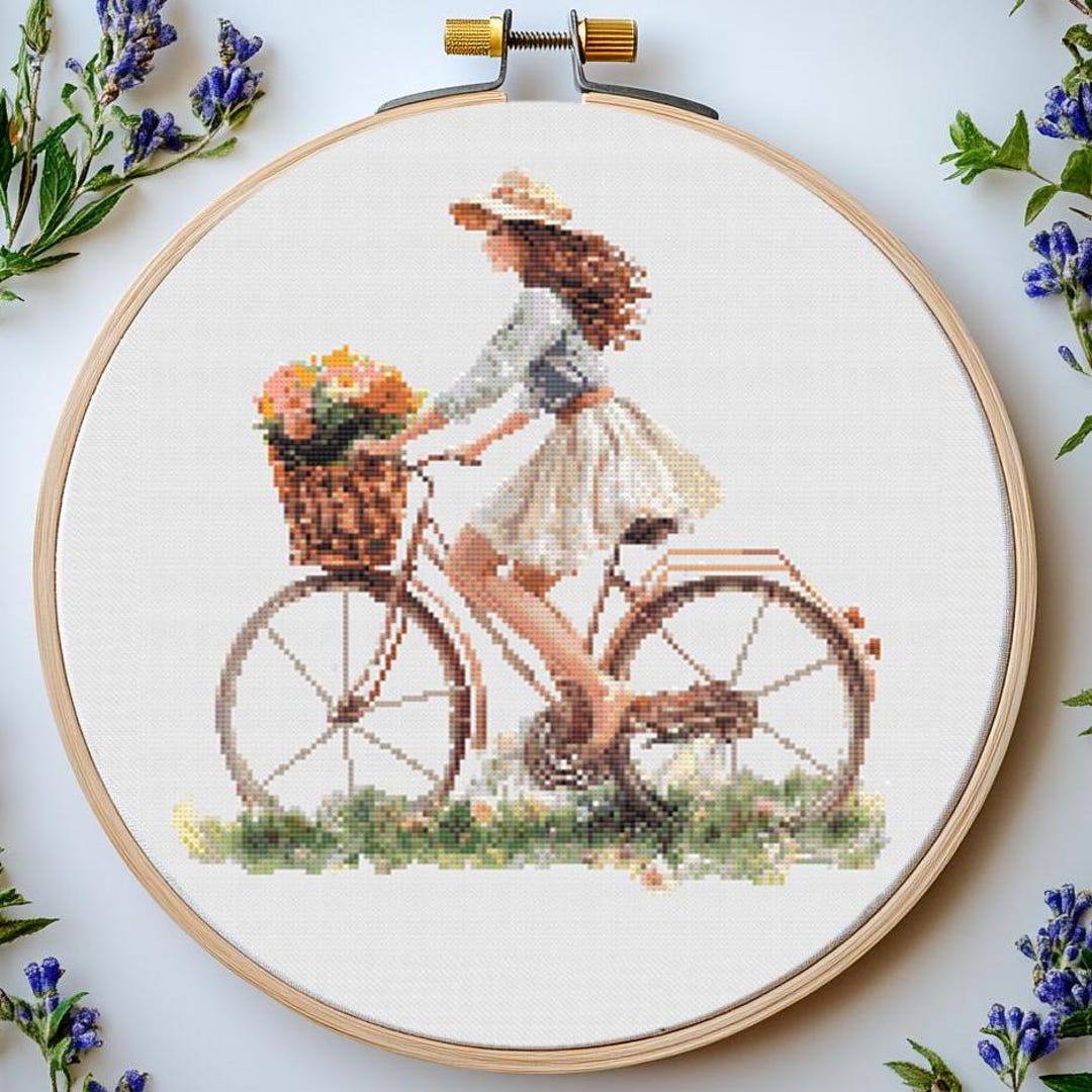 Bicycle Cross Stitch Pattern Pdf: "girl ON Bike" Flower Cross Stitch ...