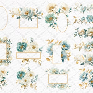 Watercolor Teal Floral Clipart: Gold Peonies, 15 PNG Elements (digital ...