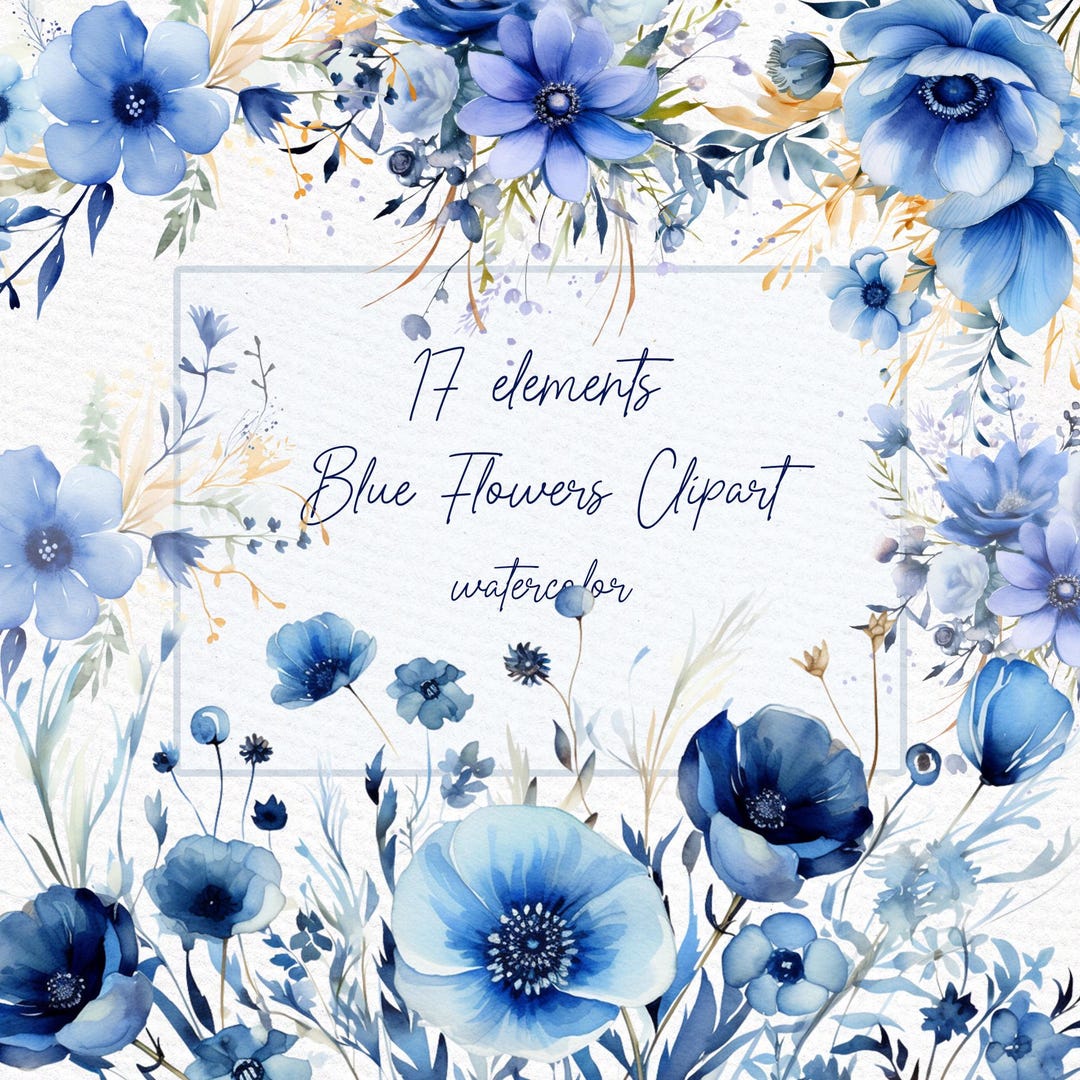 Navy Blue Watercolor Flowers Clipart: Wedding Invitation Bouquets (PNG ...