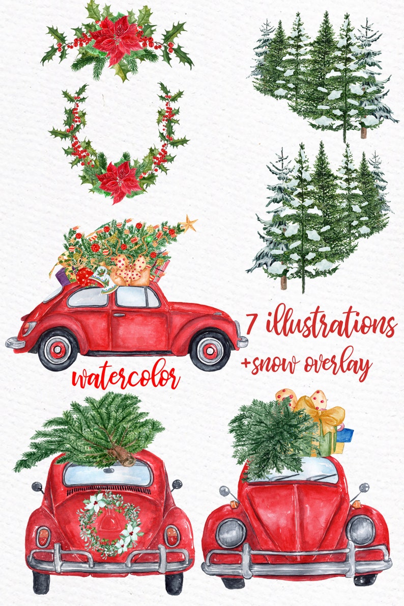 Watercolor Christmas Cars Clipart: "christmas Beetle" Christmas Red Car ...