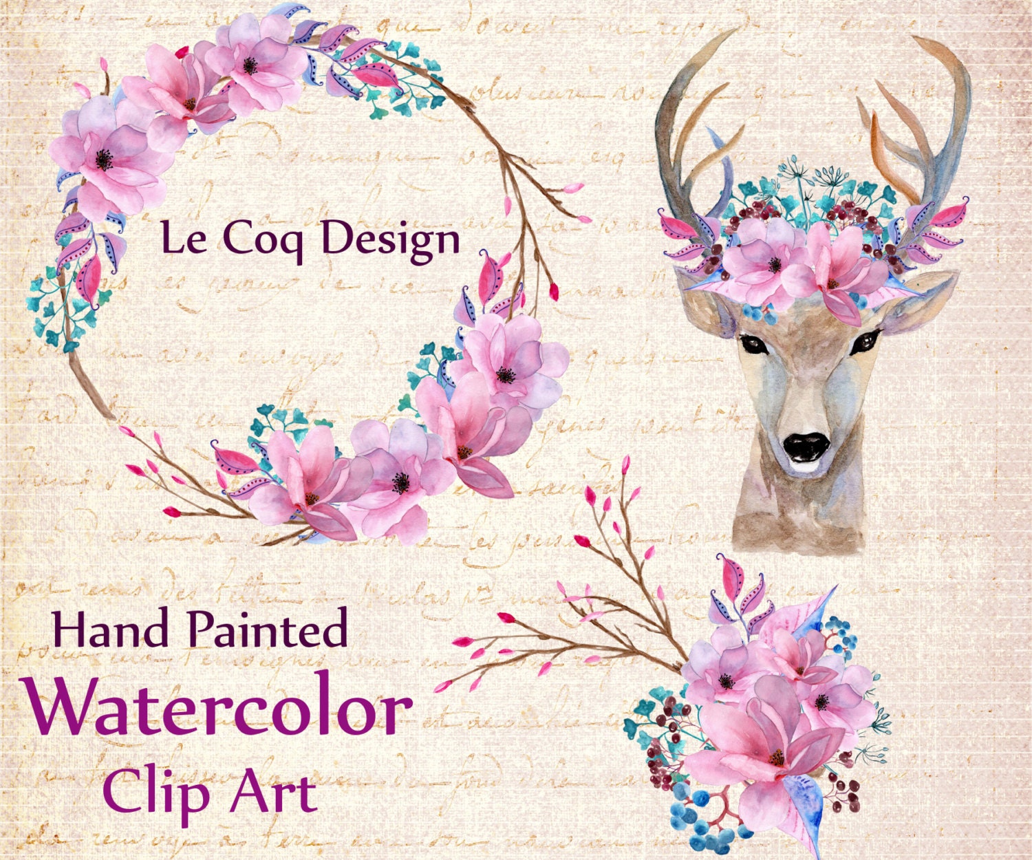 Watercolor Wedding Flowers Clip Art: "wreath Clipart" Floral Deer Diy ...