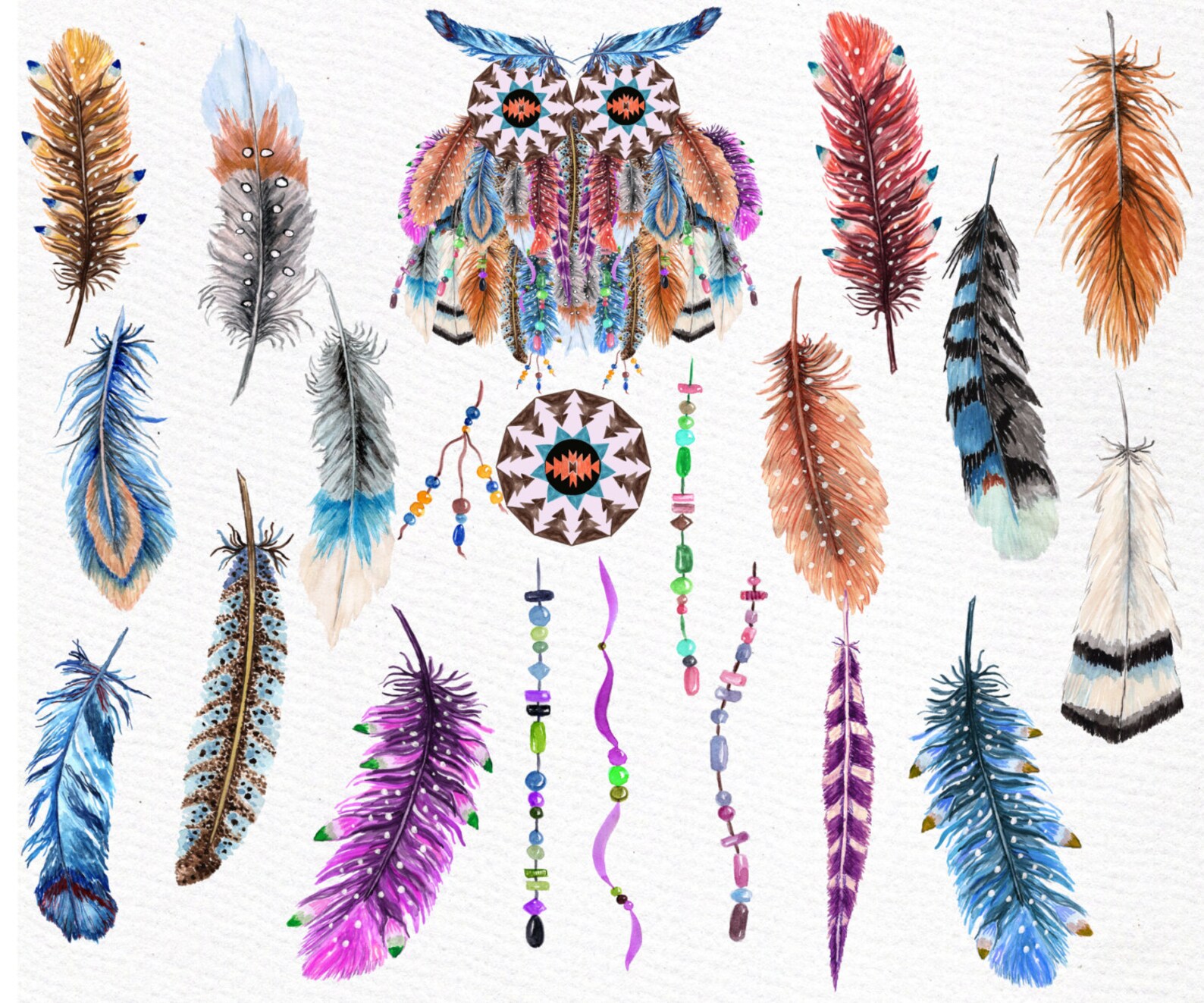 Watercolor Feathers Clipart: tribal Clipart Owl - Etsy