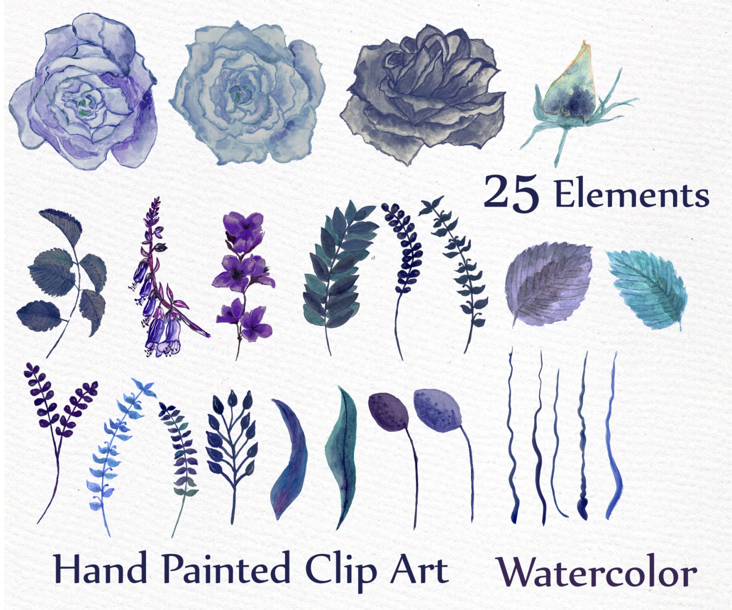 Watercolor Floral Clipart: FLORAL CLIP ART Blue | Etsy