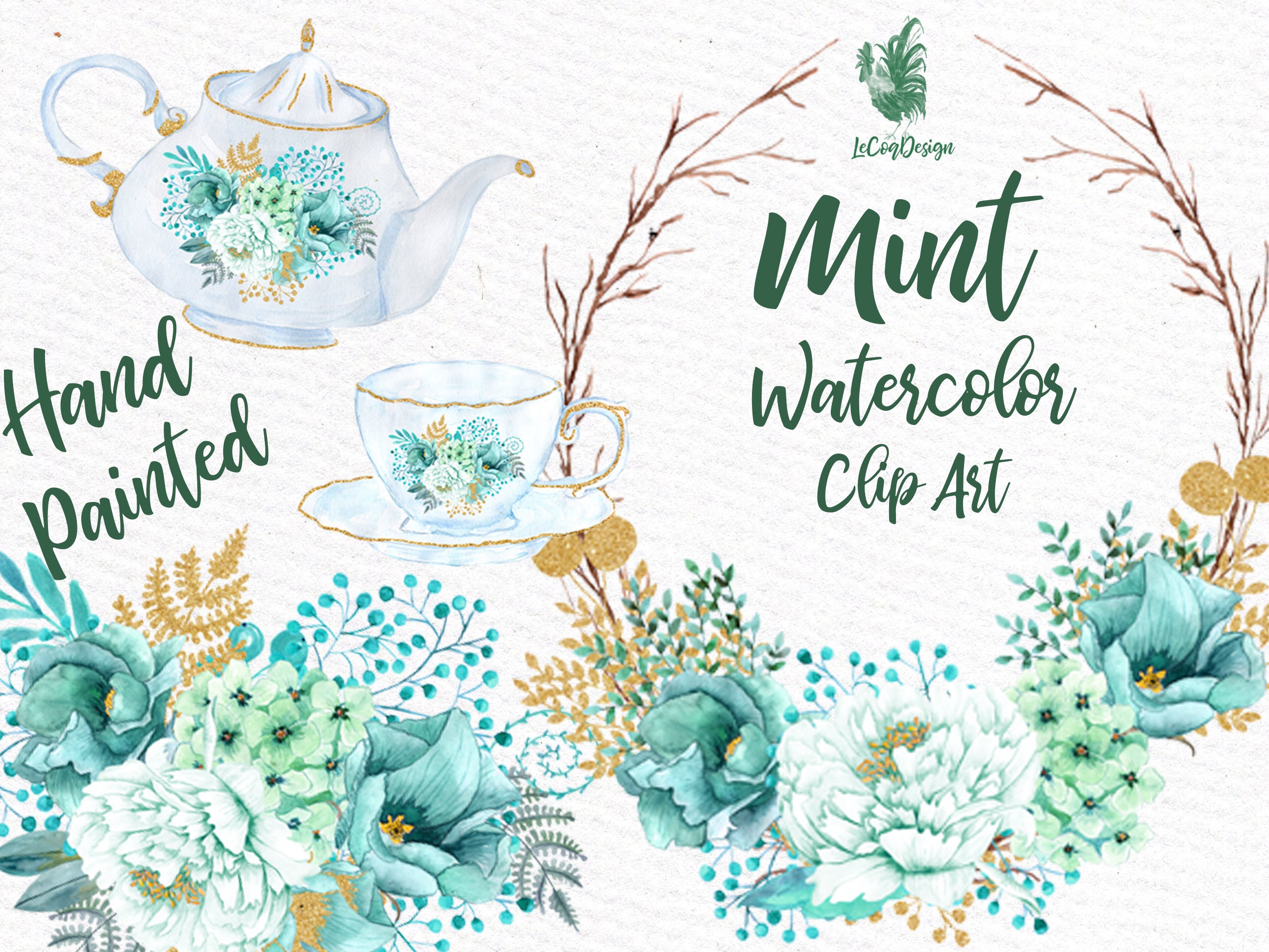 Mint Watercolor clipart: WATERCOLOR FLOWERS | Etsy