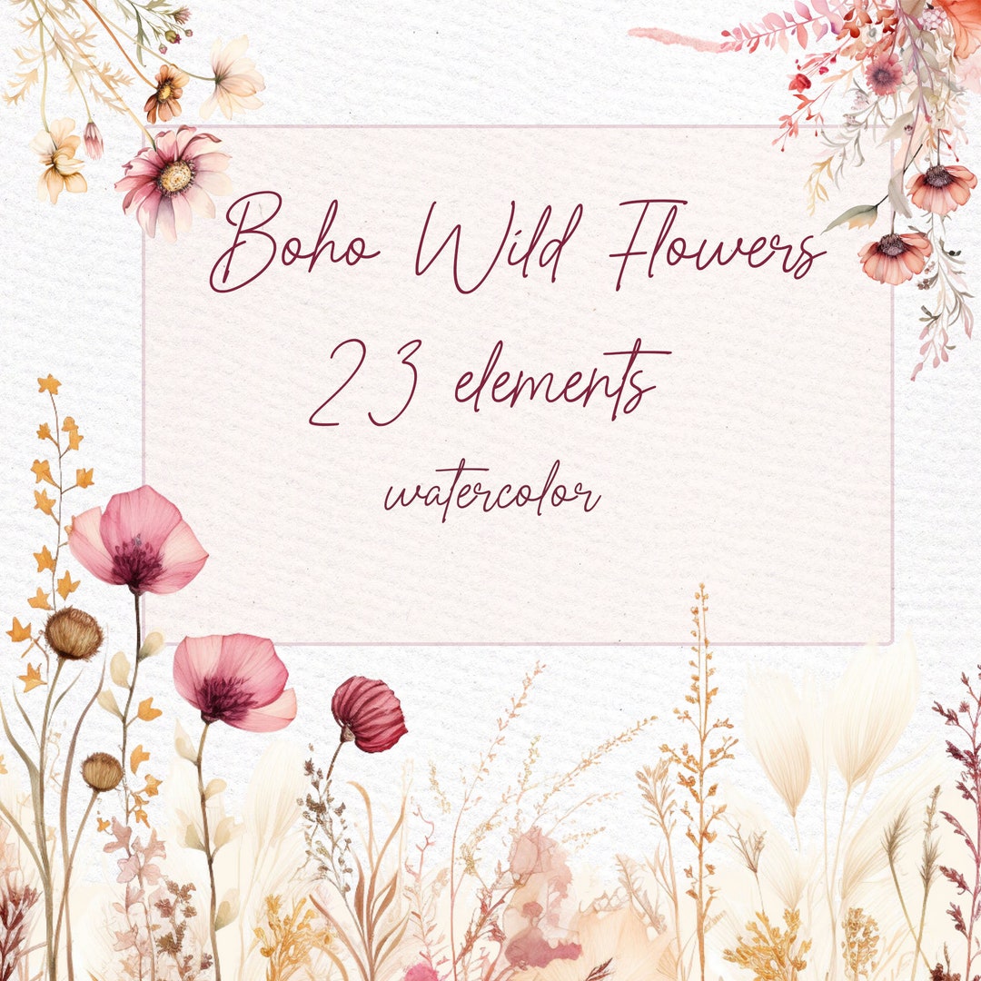 Wild Floral Clipart: "boho WILD Flowers" Watercolor Flowers Wedding ...