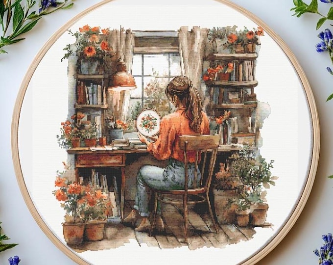 Set of Two Girls Reading and Stitching Cross Stitch Pattern (PDF ...