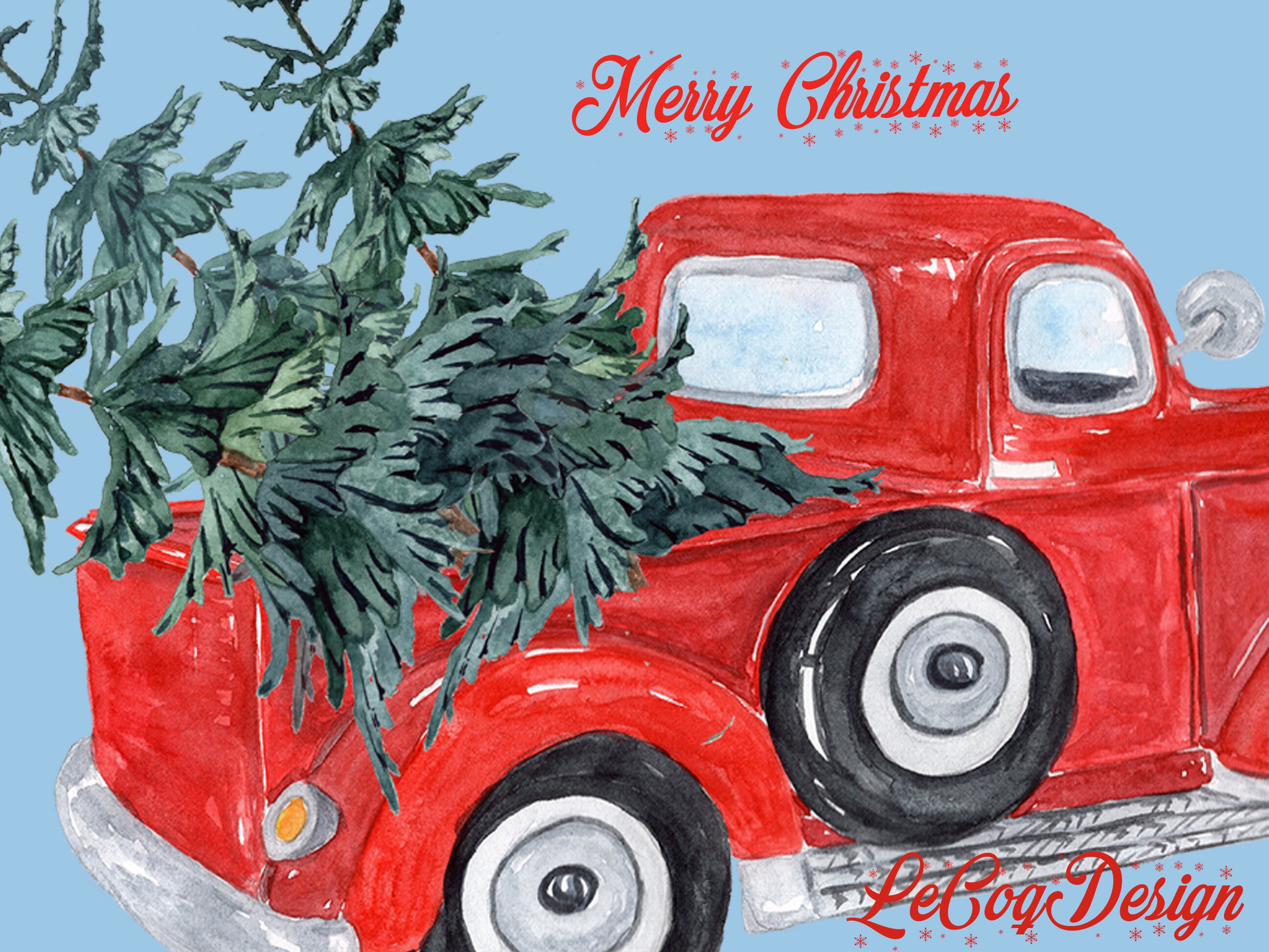 Watercolor Christmas Clipart: "christmas Truck" Red Truck Christmas ...