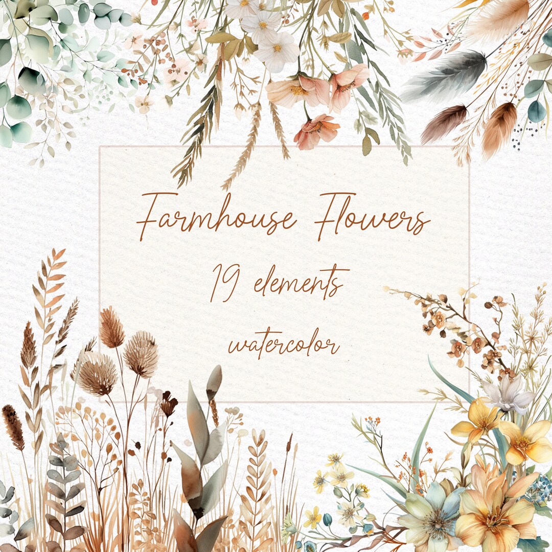 Watercolor Farmhouse Flowers Clipart: Pastel Floral Borders (PNG, 19 ...